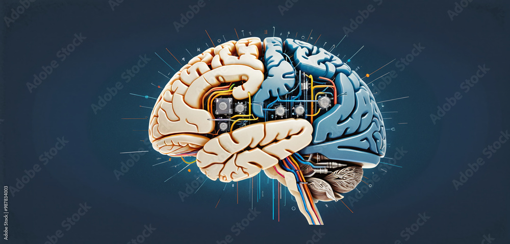 Illustrative representation of a human brain modified with technology ...