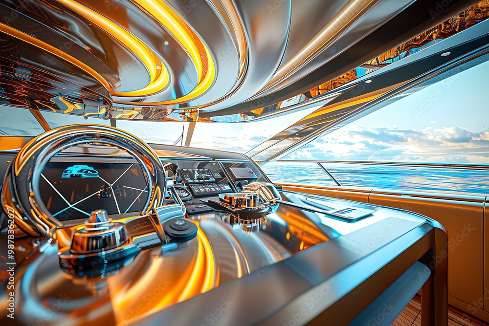 The high-end interior of the captain's cabinet, showcasing a mirrored ...