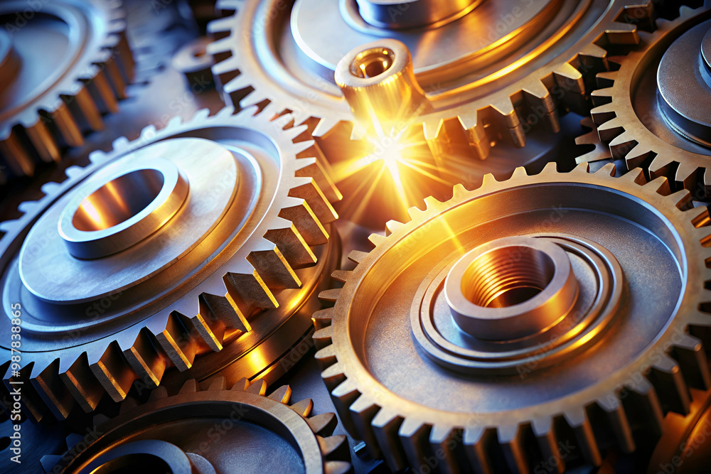 A close up of a set of gears with one of them having a light shining on ...