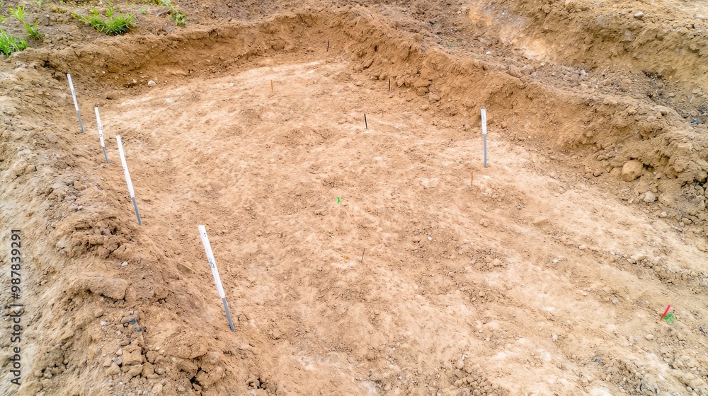 Detailed aerial view of soil erosion testing plot with markers and ...