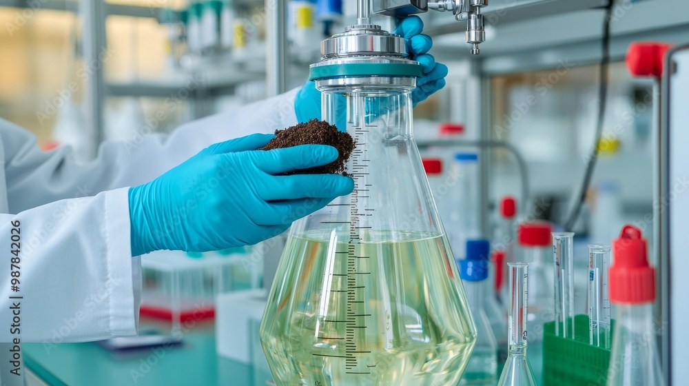 Engineer placing soil sample into a chromatograph for nutrient analysis ...