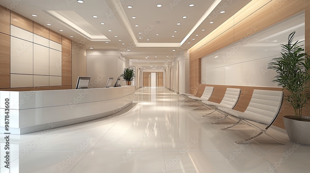 Modern hospital reception area with empty chairs, clean countertops ...