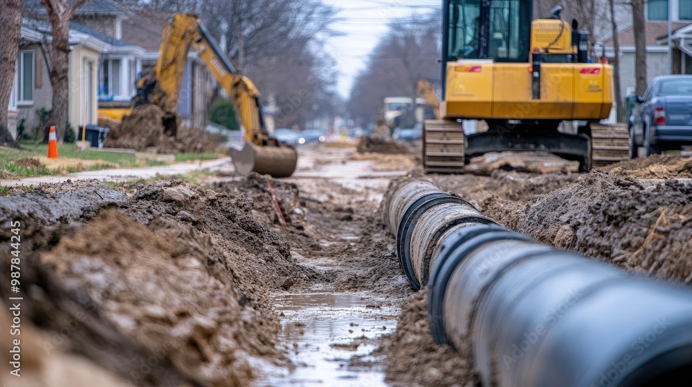 Sewage pipes being installed along a residential street. Heavy ...
