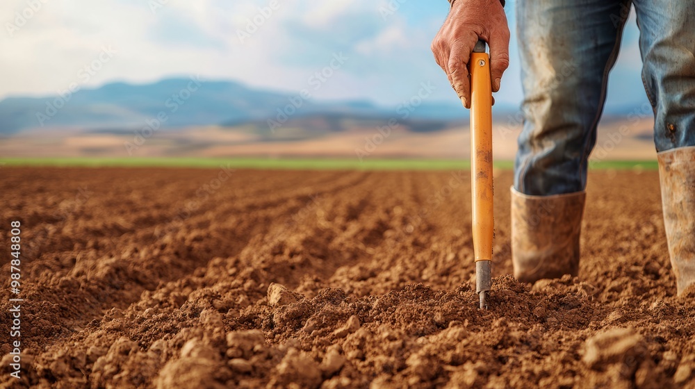 High-contrast shot of a farmer holding a soil compaction tester, dusty ...
