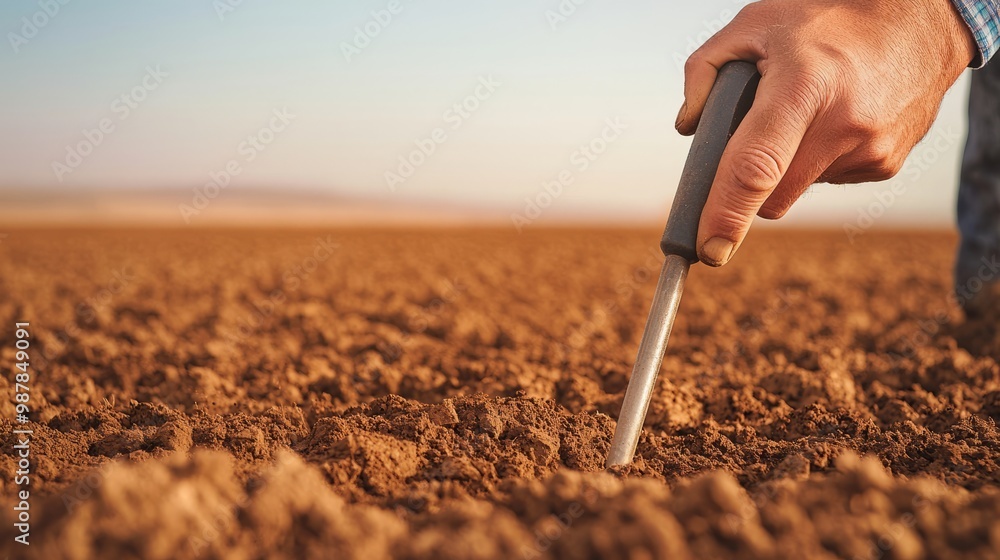 High-contrast shot of a farmer holding a soil compaction tester, dusty ...