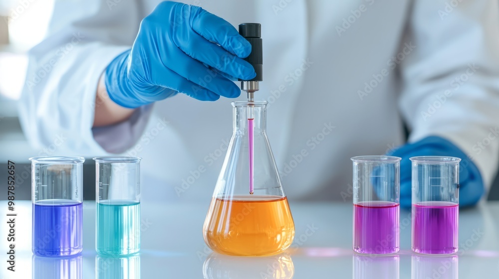 Lab technician using titration method to analyze soil pH, liquid ...