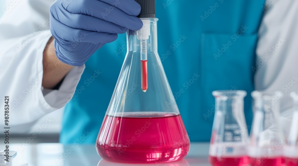 Lab technician using titration method to analyze soil pH, liquid ...