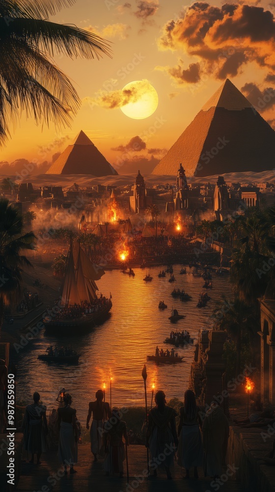 an evening in ancient Egypt, the sun setting over the Nile River ...