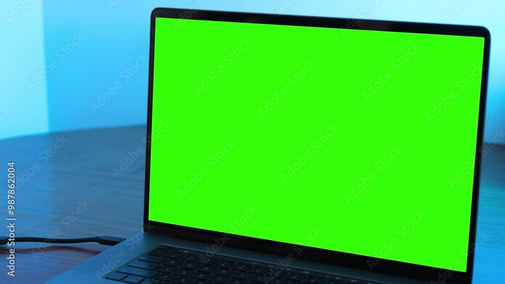Laptop Green Screen Display on Home Work Room Background Mock-up. Empty ...