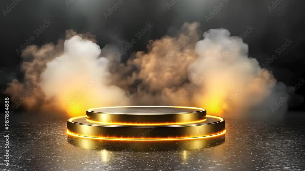 Elegant golden podium with illuminated platform and smoke, perfect for ...