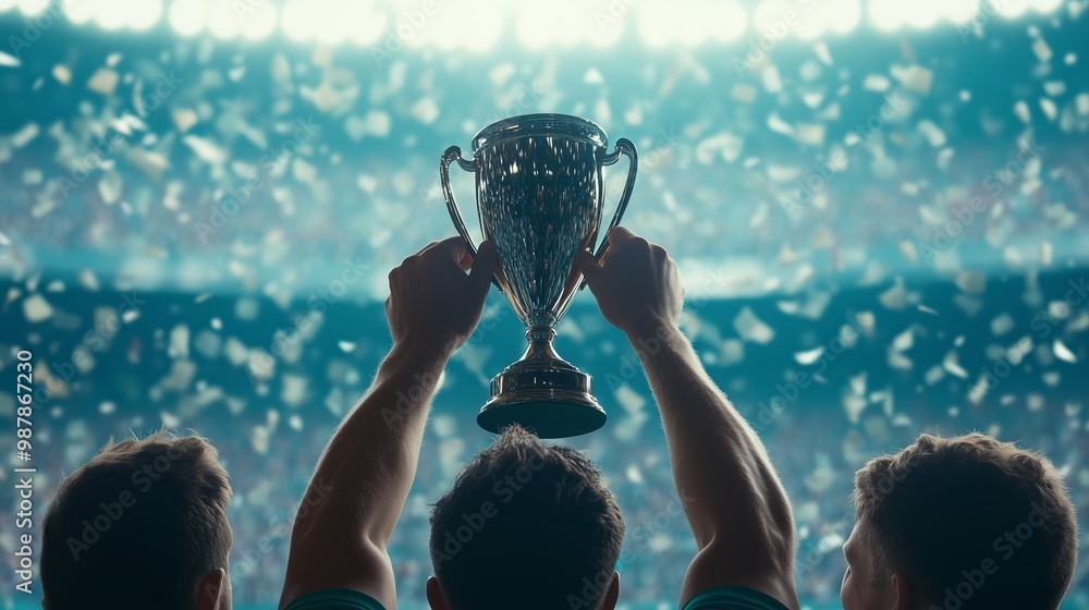 Excited Sports Team Lifting a Championship Trophy in a Confetti-Filled ...
