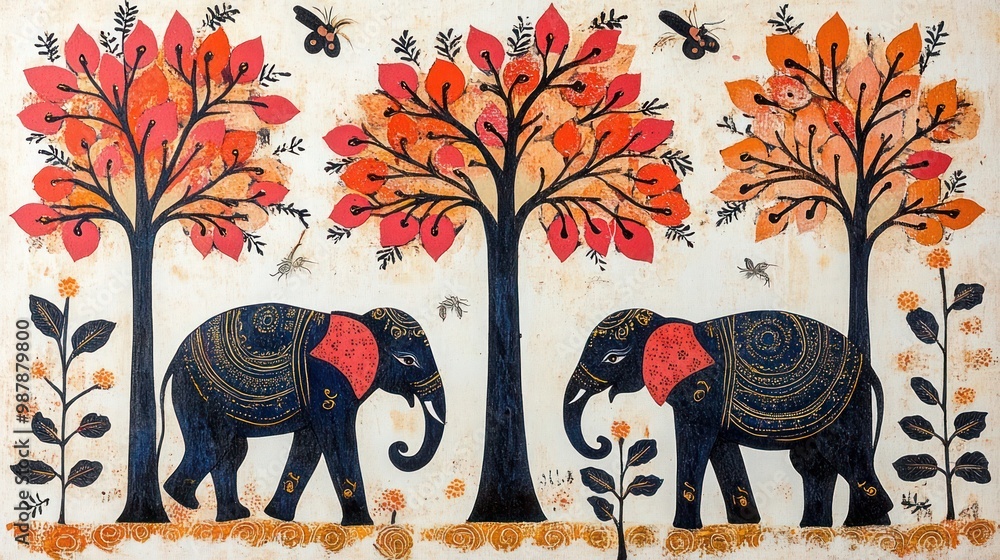Traditional Gond art from India of elephants and trees, A Madhubani ...