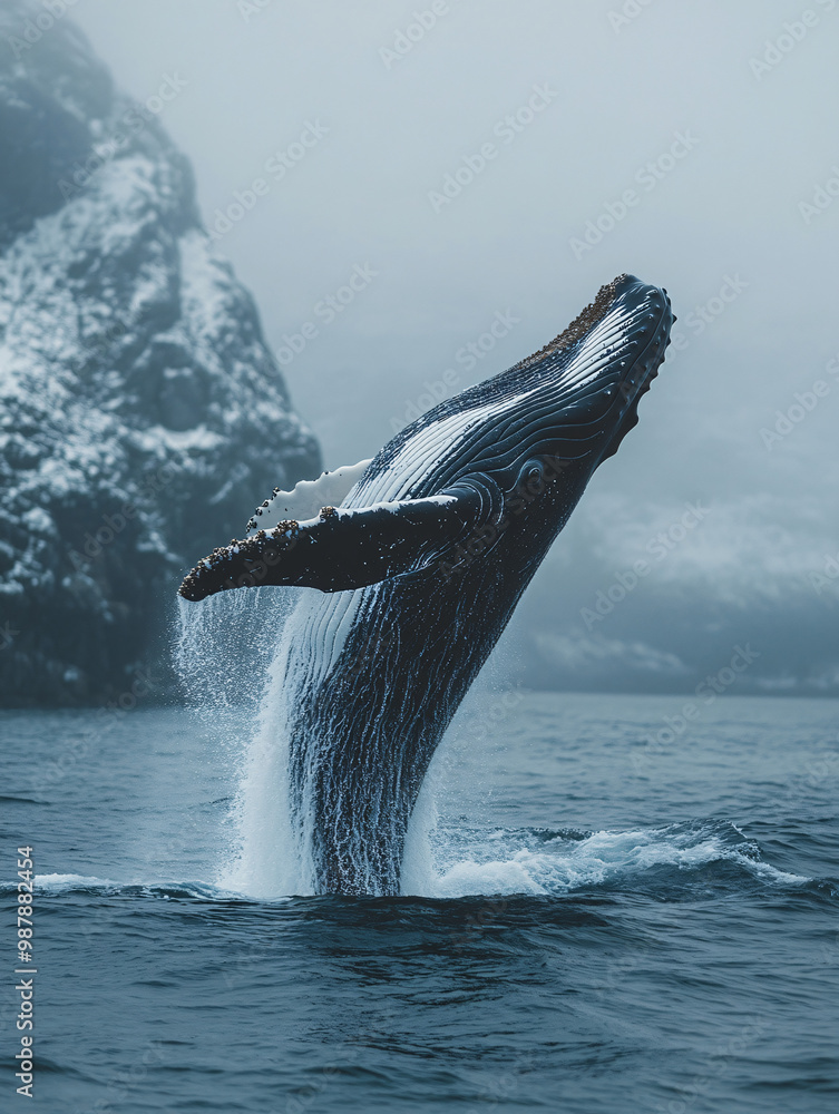 Stunning shot of a humpback whale breaching out of the ocean, capturing ...