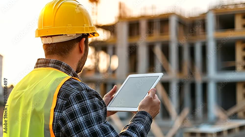 contractor and home owner working together, using a touchpad to check ...