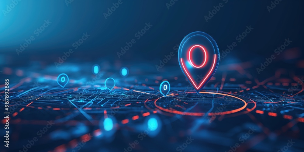 Blue and orange map with a red dot in the middle. The dot is a GPS ...