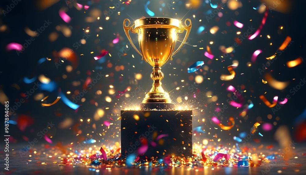 Celebration of Success: A Golden Trophy Glimmering Amidst Confetti and ...