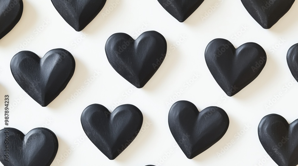 Row of black hearts are arranged on a white background. The hearts are ...