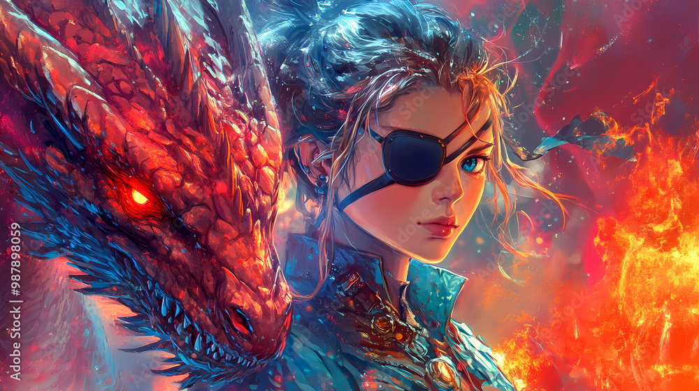 Anime knight girl with eyepatch and dragon companion in a vibrant ...