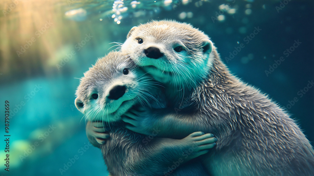 Adorable funny otter couple embracing underwater, their furry paws ...