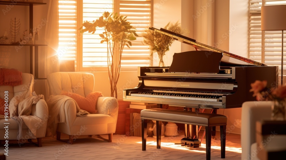 A cozy music room bathed in the golden hues of the setting sun ...