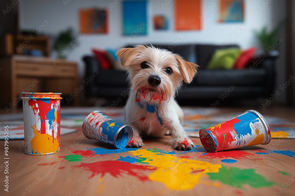 Adorable dog with paint on its fur sits beside spilled paint cans ...