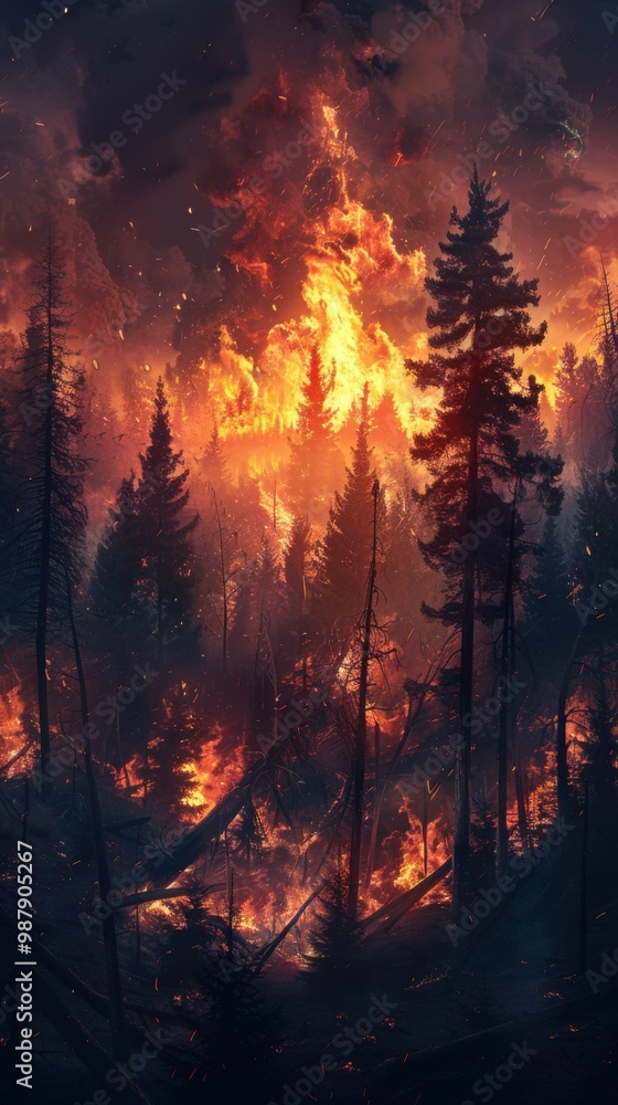 A forest fire is burning in the woods. The fire is so large that it is ...