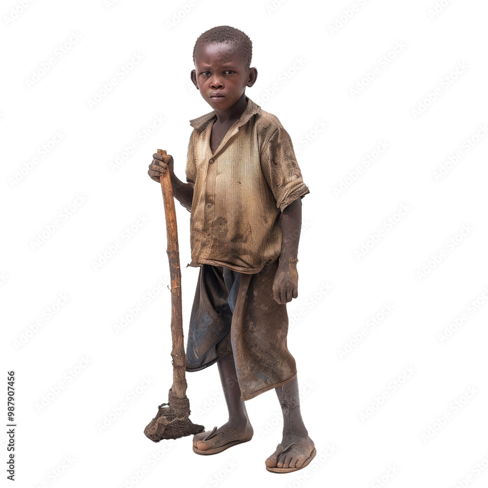 Young african boy holding a hoe standing in front of a white background ...