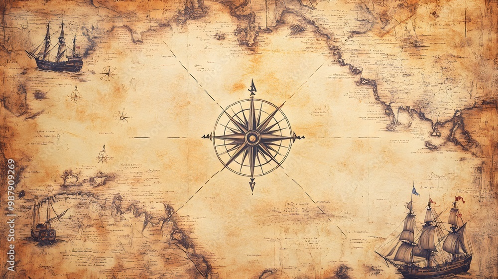 Old hand drawn map with vintage sailing yachts, Pirate adventures ...