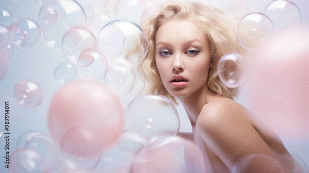 Soft pastel bubbles float effortlessly around a serene, fair-skinned ...