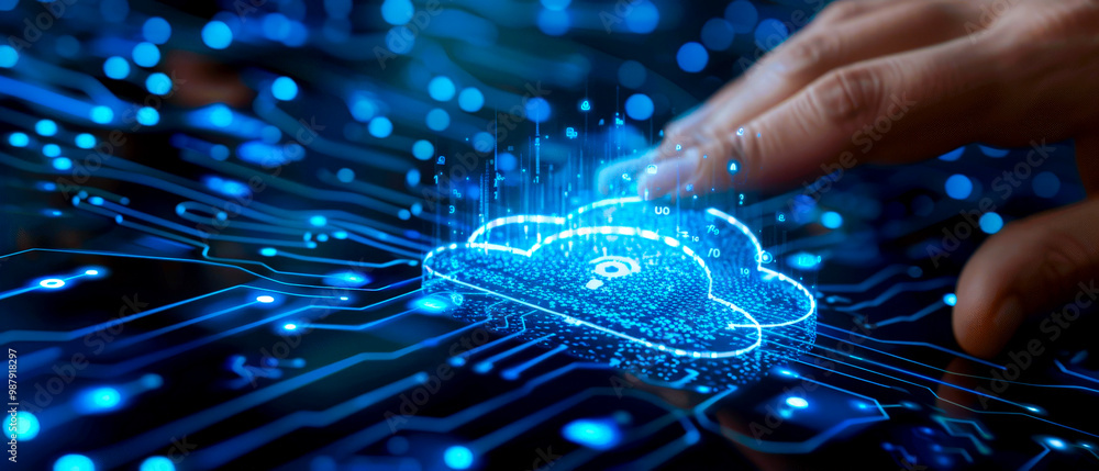 human hand touch the button to start Cloud computing for server and backup technology. Digital ...