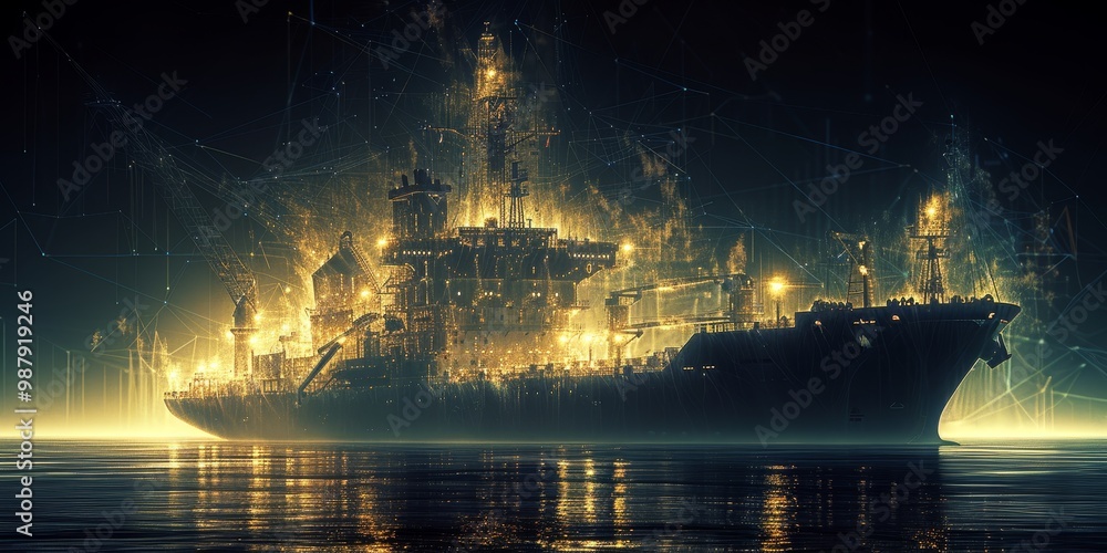 Glowing digital ship in a futuristic style, combining maritime themes ...