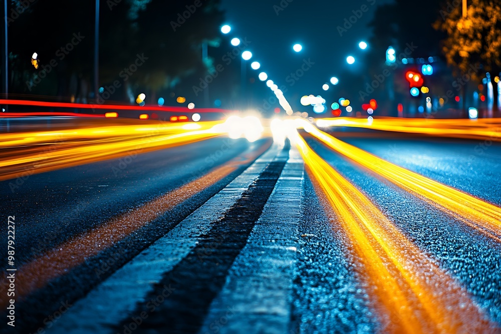 Long exposure of car lights on night city road, urban highway abstract ...