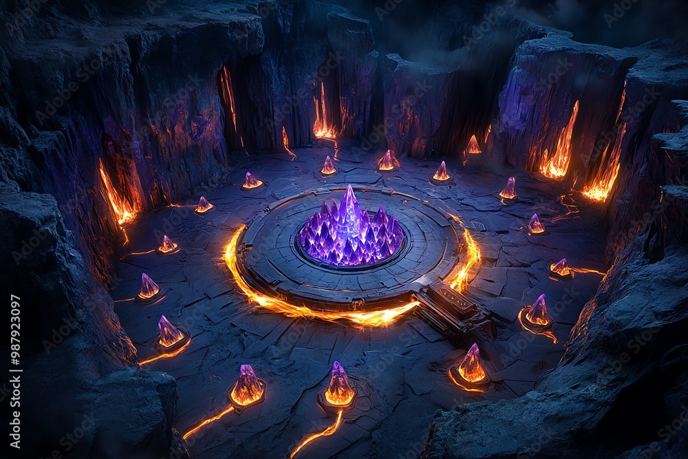 Fantasy underground fortress, protected by glowing shields and built ...