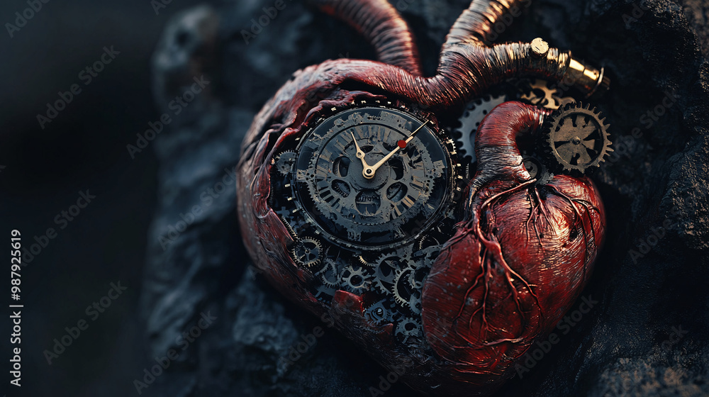 Heart. Human heart as a clock with gears. Dark background. Time and ...