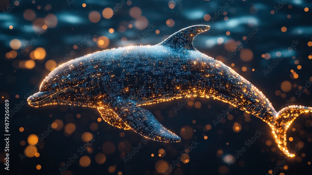 Sparkling dolphin jumps through glowing waters, its body illuminated ...