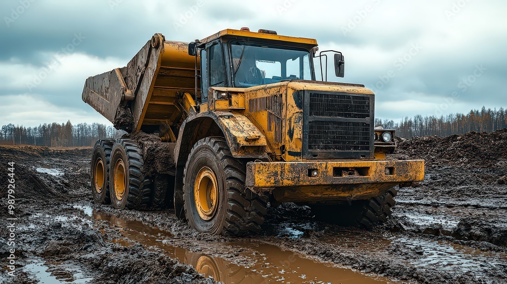 Mud-covered dump truck in rugged terrain represents strength ...