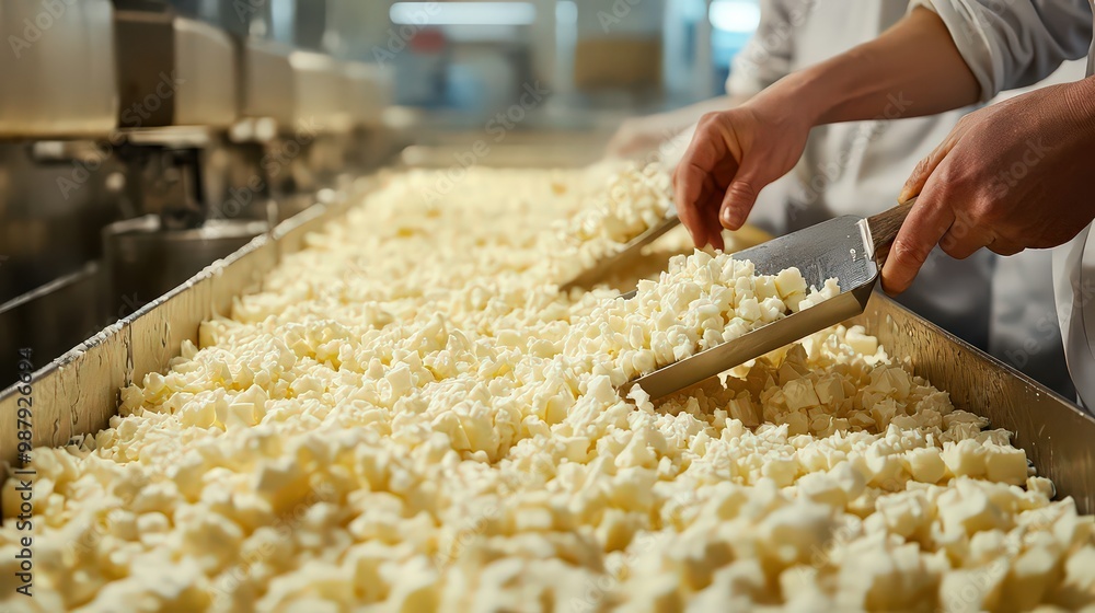 Cheese curds are manually handled in dairy production line ...