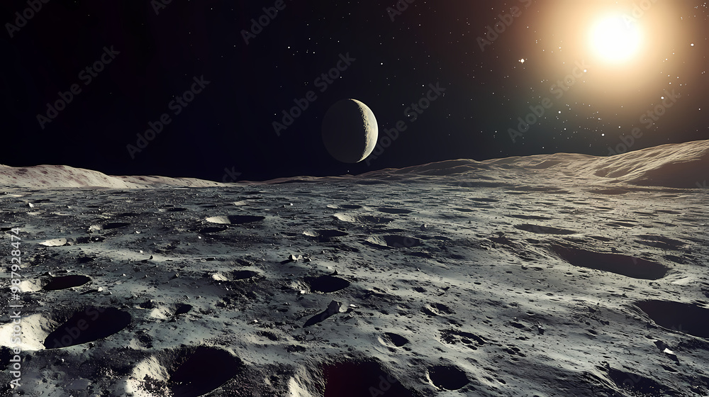 Rugged lunar surface with deep craters earth visible above light mode ...