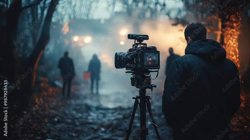 Cinematic scene in eerie forest, with camera crew filming mysterious ...