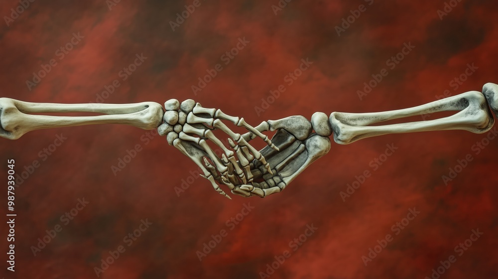 Skeleton Hands Holding Each Other Against a Dark Red Background ...
