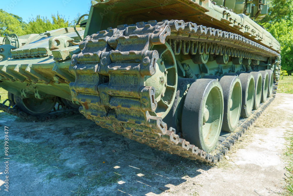 A Soviet military tank. Dynamic protection on the tank body. Elements ...