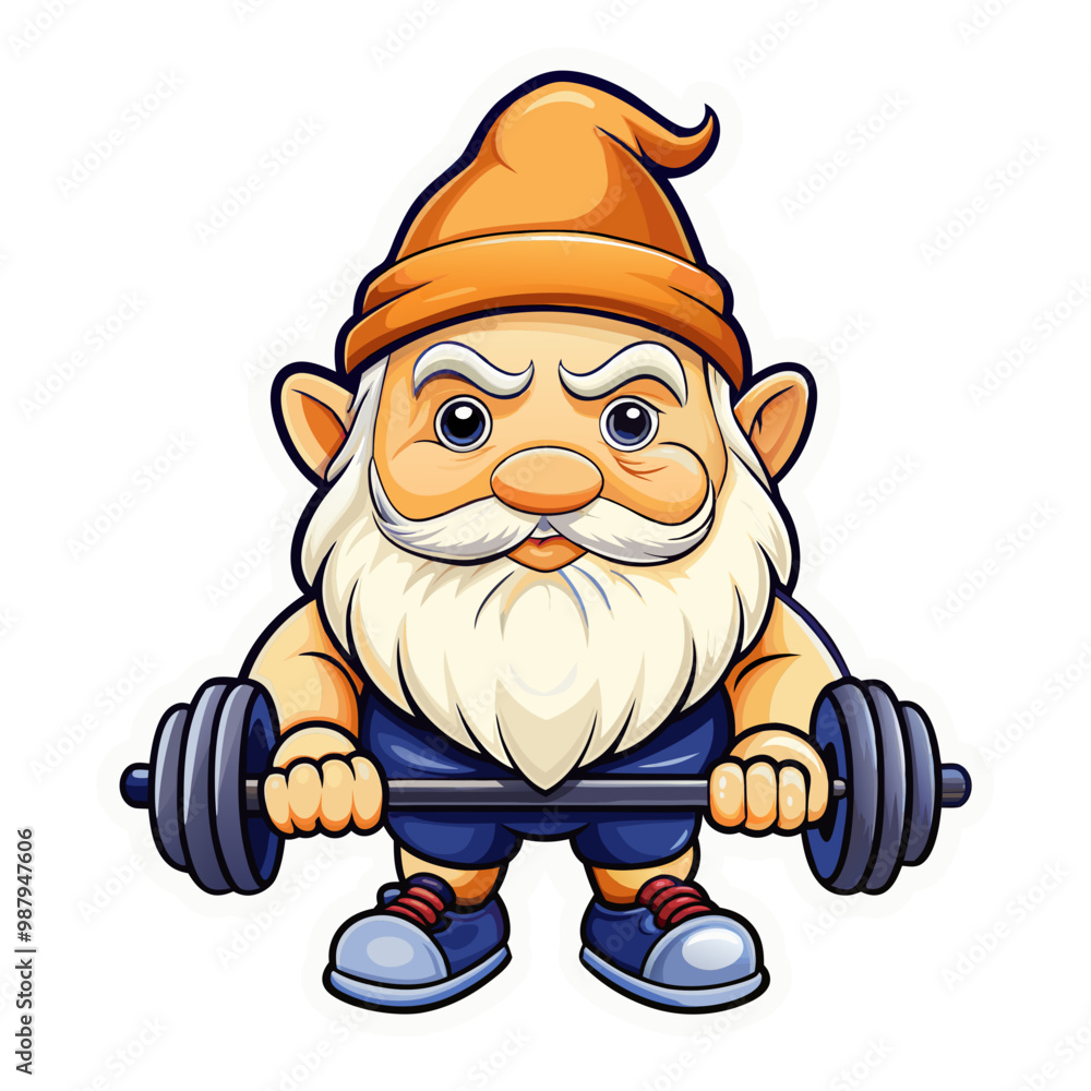 Strong cartoon gnome character lifting a barbell in a workout outfit, showcasing strength and ...