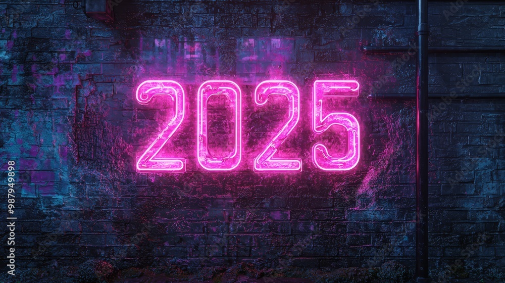 Vibrant neon lights display the year 2025 against a dark urban backdrop ...