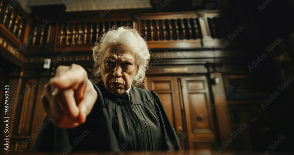 Female judge reaching a verdict to plead guilty by pointing finger with ...