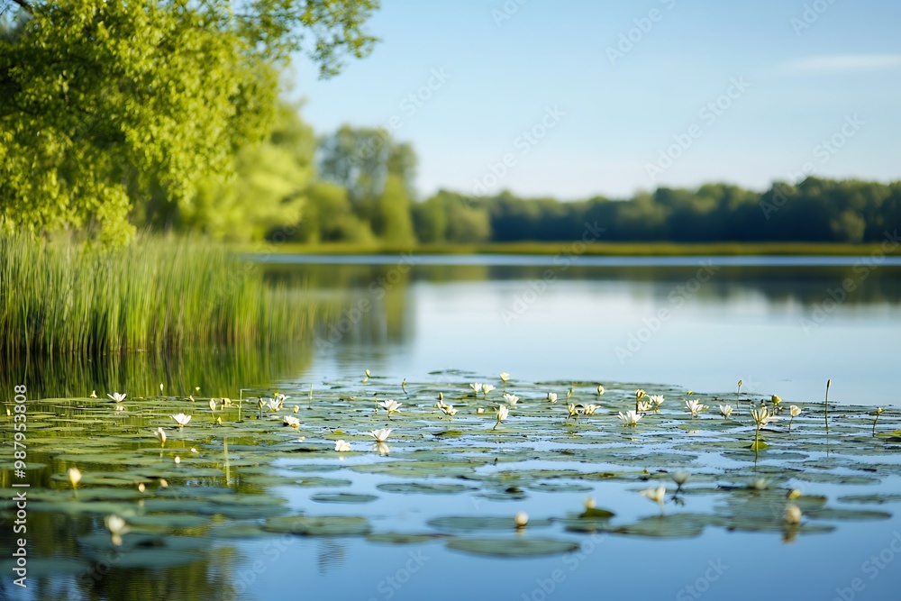 Poster Peaceful lake with lily pads, calm water, and green trees on the horizon, Tranqu ...