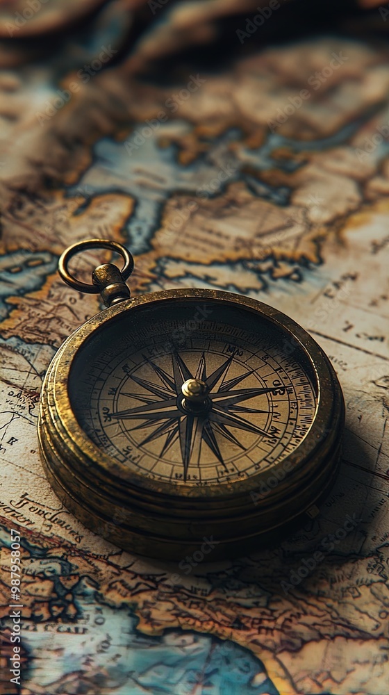 An antique brass compass resting on an old, detailed map. The compass ...
