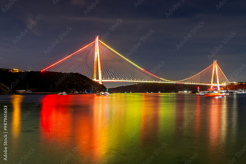 Yavuz Sultan Selim Bridge in Istanbul, Turkey in evening illumination ...