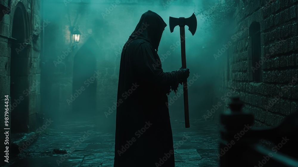 A medieval executioner standing in the shadows of a foggy courtyard ...