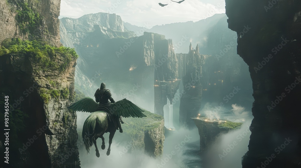 A medieval knight riding a winged steed through a misty canyon, with ...