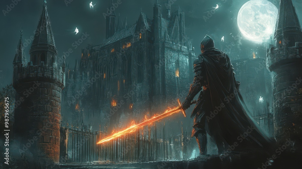 A medieval knight wielding a glowing enchanted sword, standing at the ...